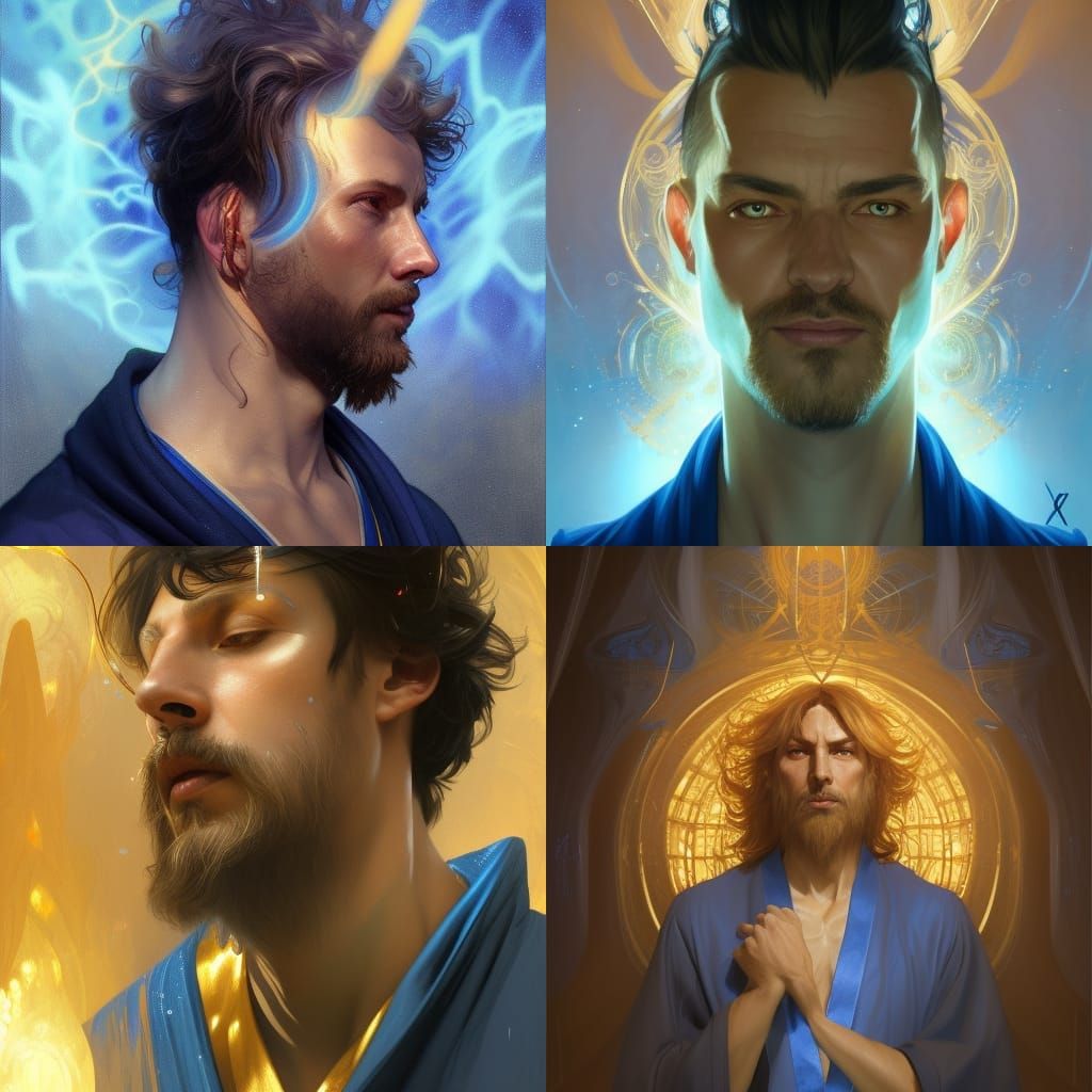 tall human, blue robes with golden runes, mystical aura flowing around ...