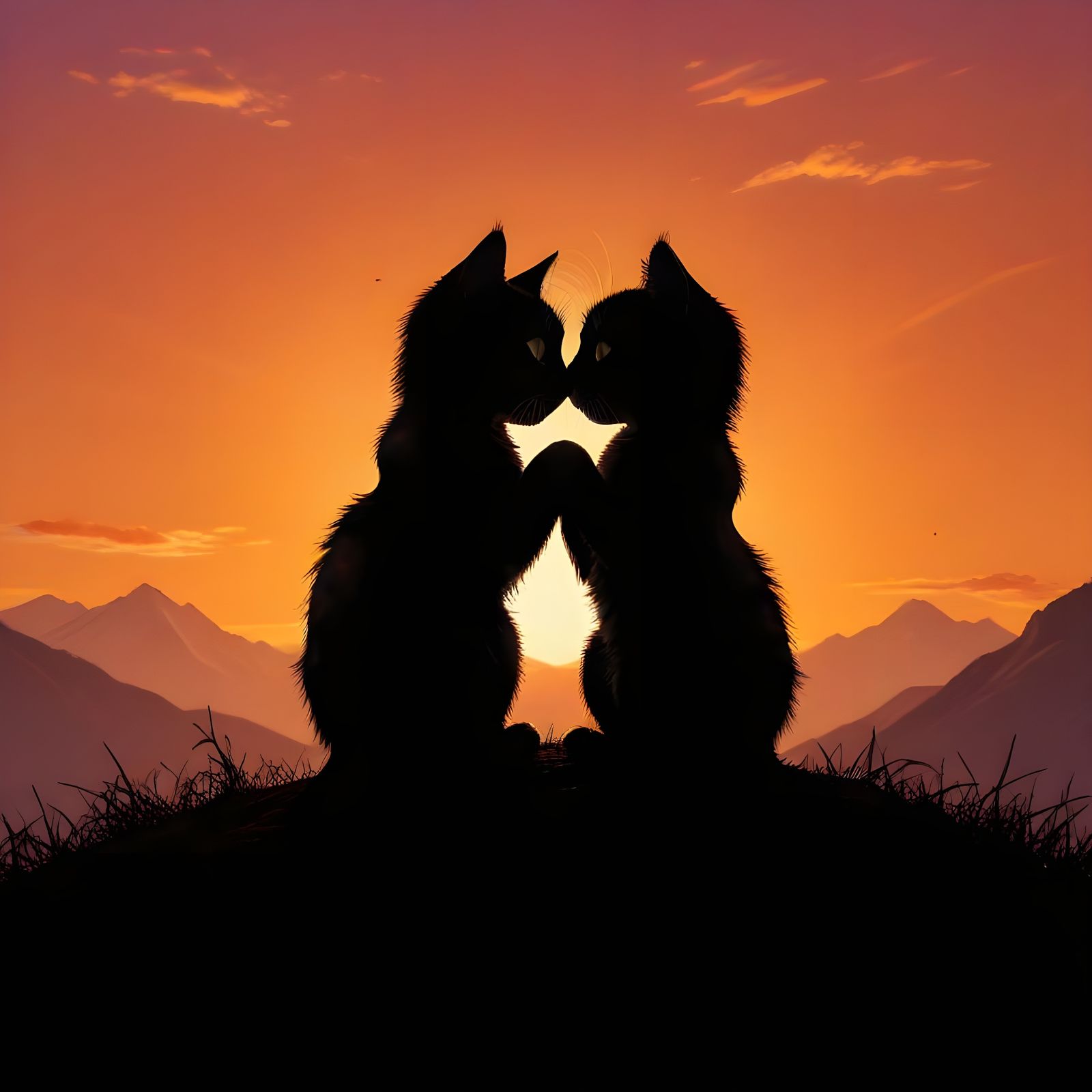 Cuddle at Sunset - Two Kittens in Warm Sunset Silhouette Art