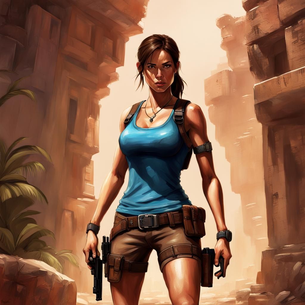 Lara croft, blue tank top, brown shorts, one pistol in each hand, 2 leg ...