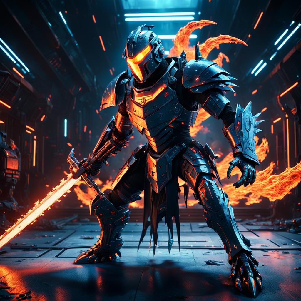 Cyberpunk Knight Battles Shadow Monster in Neon-Li... - AI Art