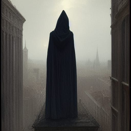 Hooded figure standing on a tall building looking down toward the ...