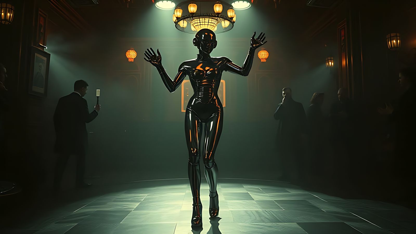 A retro-futuristic art deco robot flapper dancing on a stage in a ...