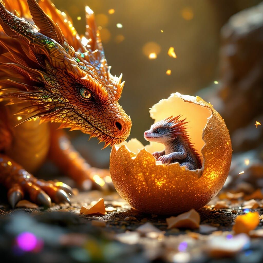 Hyper realistic golden dragons egg with vivid scales is opening up as ...