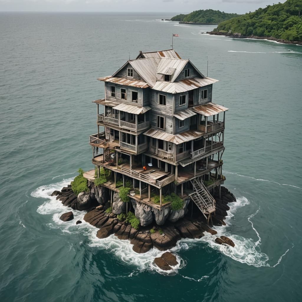 A multi-storey rickety old house on a tiny island in the middle of the ...