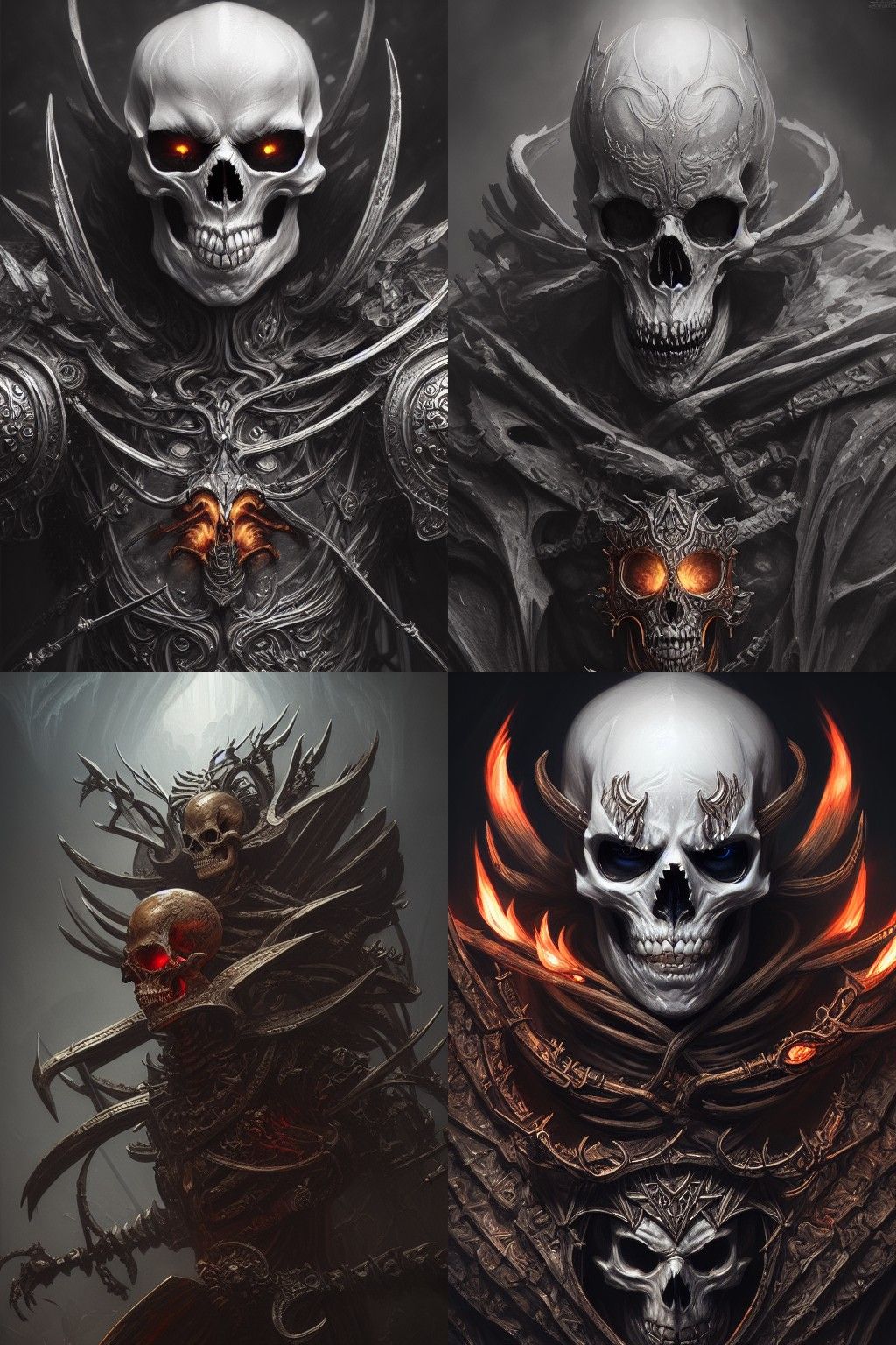 Artgerm, WLOP, Greg Rutkowski; Skeleton King of Hell, Flaming Skull ...
