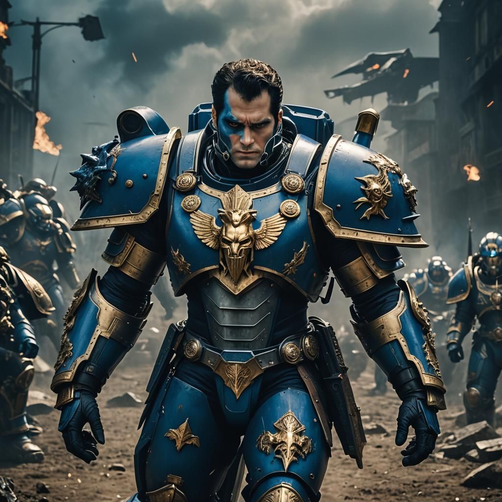henry cavill as Roboute guilliman, wearing blue power armor, warhammer ...