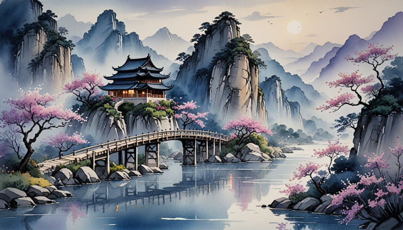 traditional chinese ink art, by a mountain river