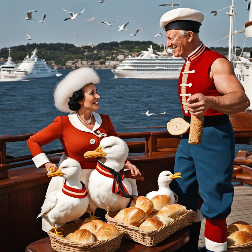 Popeye and wife Oliver together on a cruise feeding seagulls with bread ...