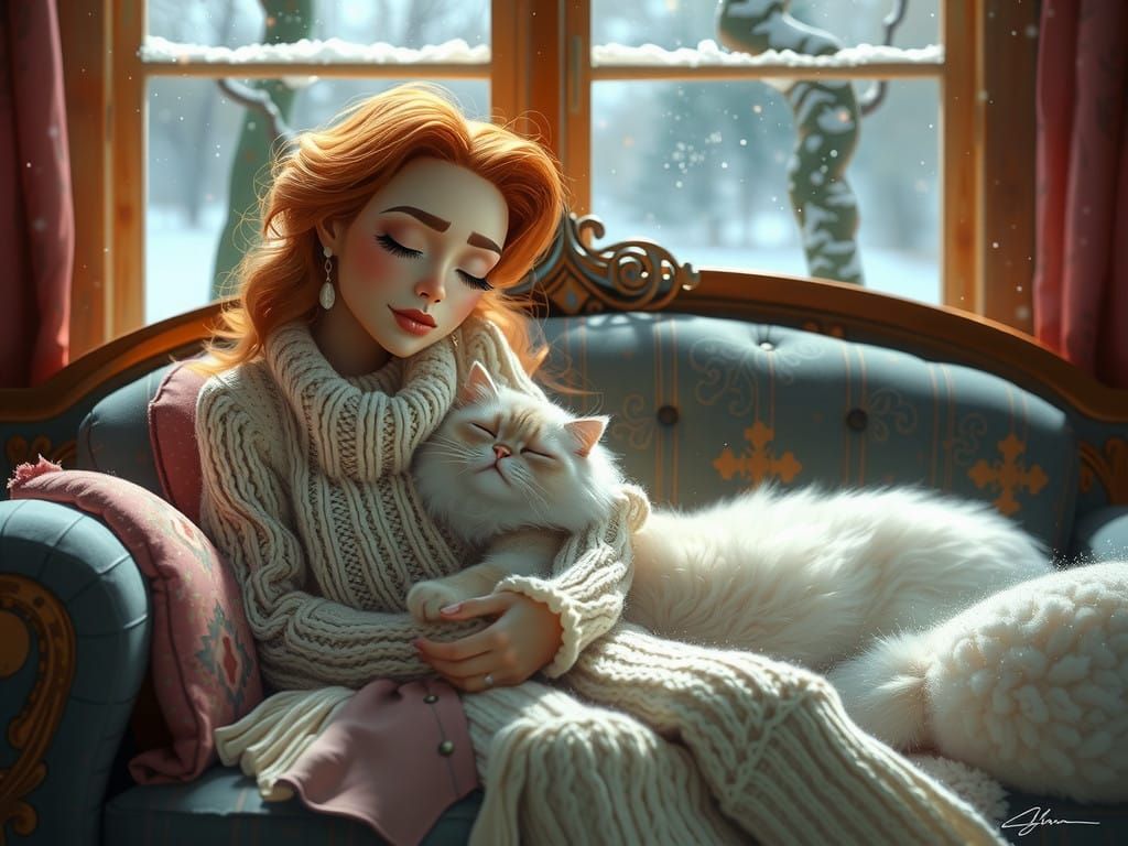 rear view, back view, slightly turned head, Cozy living room scene ...