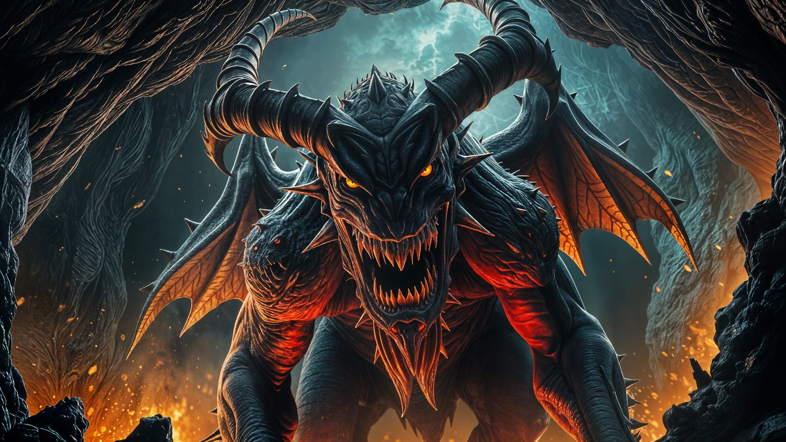 A demon that is covered nearly head to toe in spikes. Has huge horns on ...