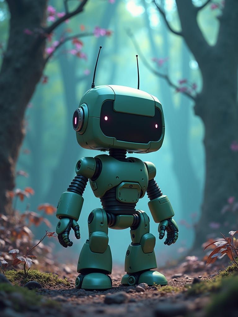 Blocky Robot in Ancient Forest, Cyberpunk Aestheti... - AI Art