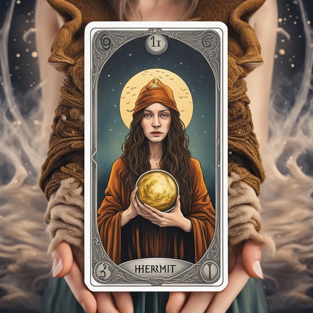 Illustration of the Hermit tarot card in a woman's hand, 4k resolution ...