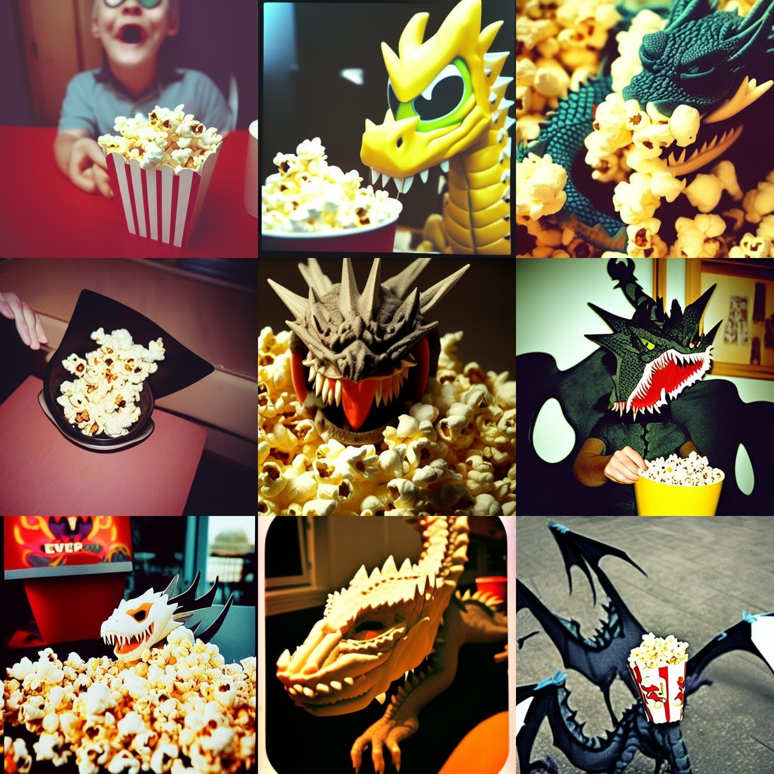 Evil dragon who eats popcorn, photographed on a disposable camera - AI ...