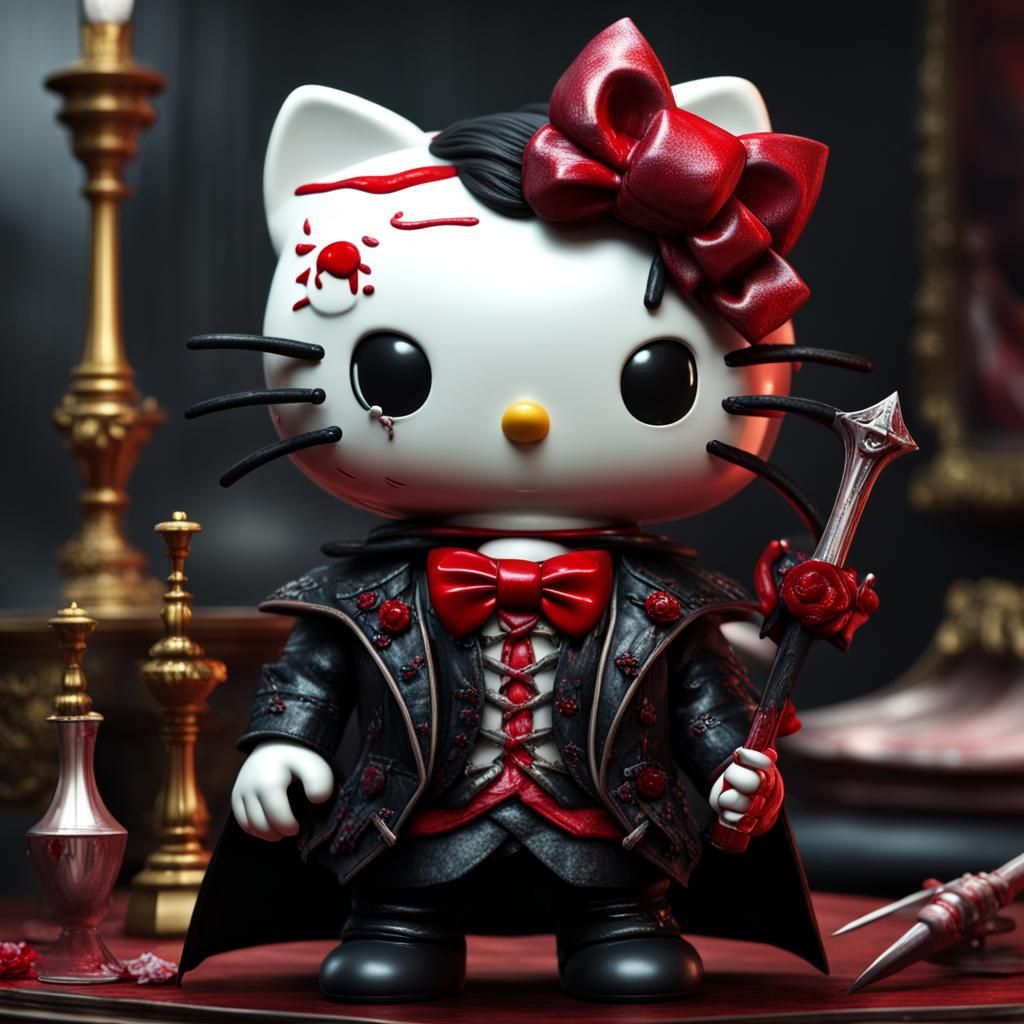 Hello kitty as a bloodthirsty vampire, 16k resolution, a masterpiece, 75mm, hyperrealistic ...