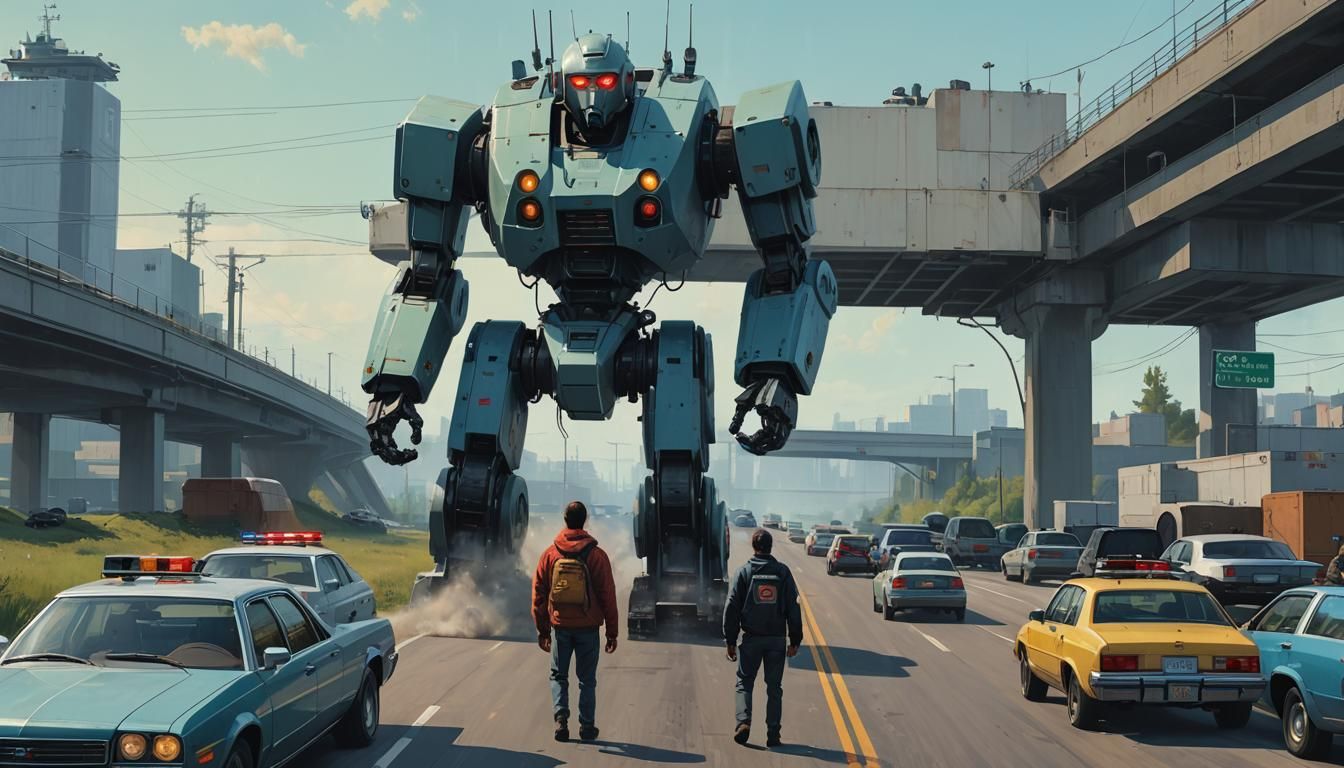 action scene, robot giant standing near freeway overpass, stomps on ...