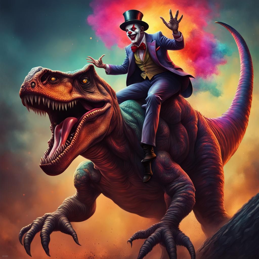 evil magician dark clown riding a dinosaur - AI Generated Artwork ...