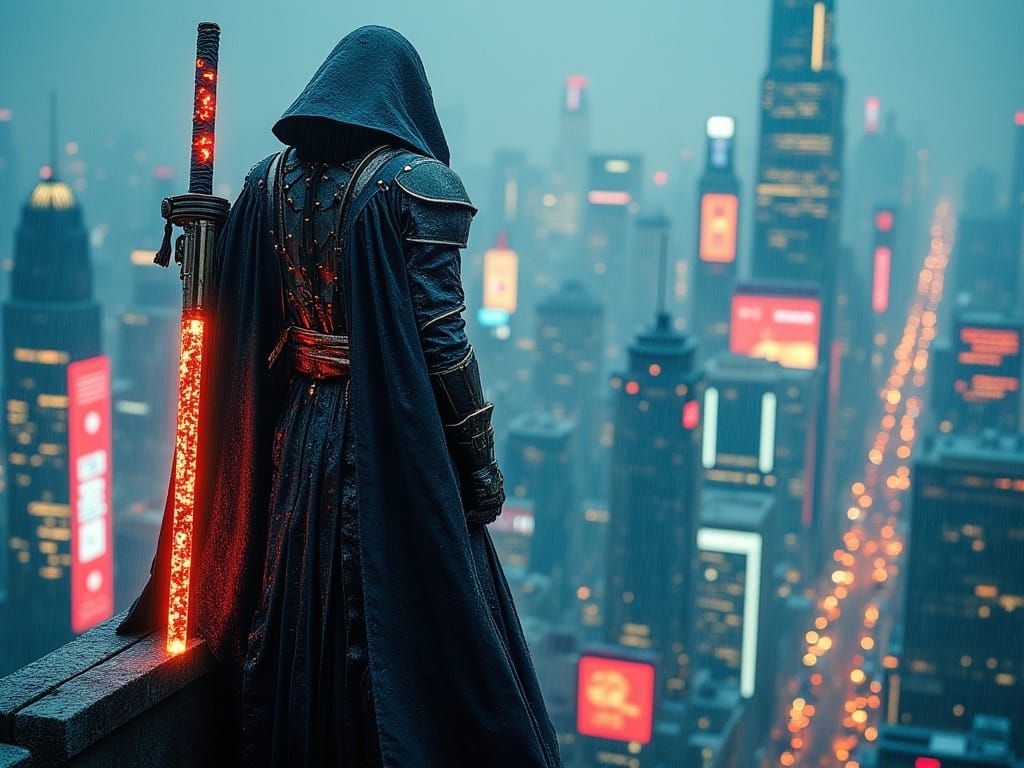 Cyberpunk Samurai Overlooks Neon Metropolis in Hyp... - AI Art