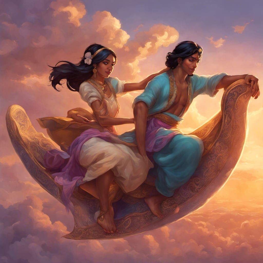 jasmine and aladdin riding on a magic carpet, magical, whimsical ...