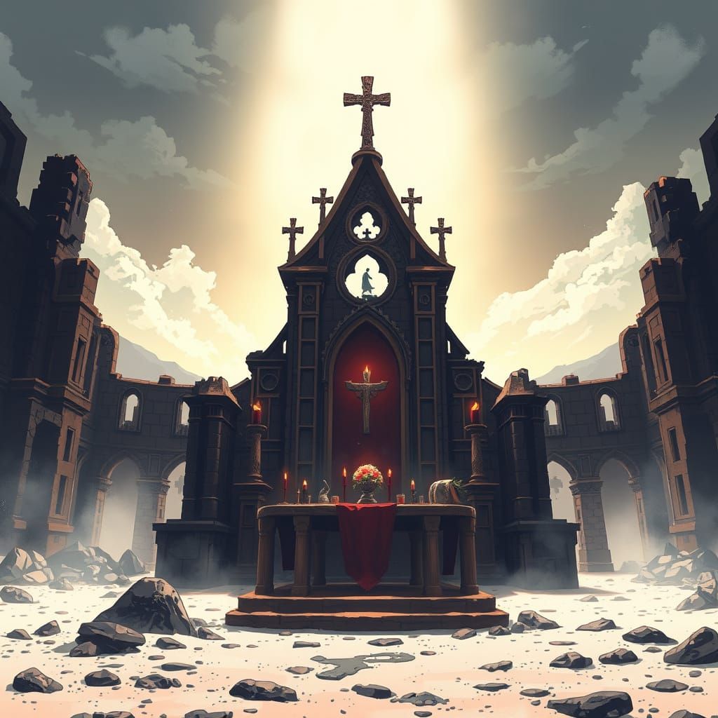 The Altar - Surreal Anime Altar in Volcanic Ash Landscape