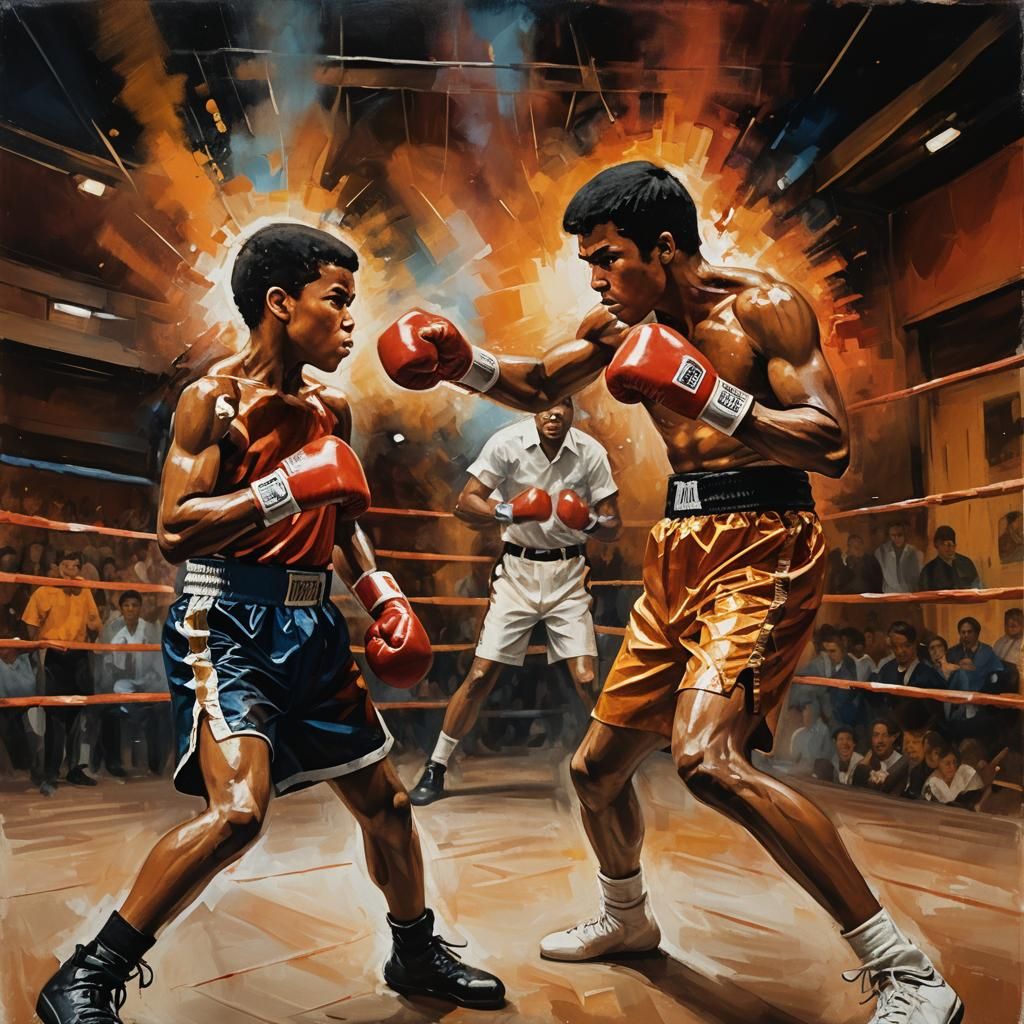 Kid in boxing suit punching mohammed ali in boxing ring - AI Generated ...