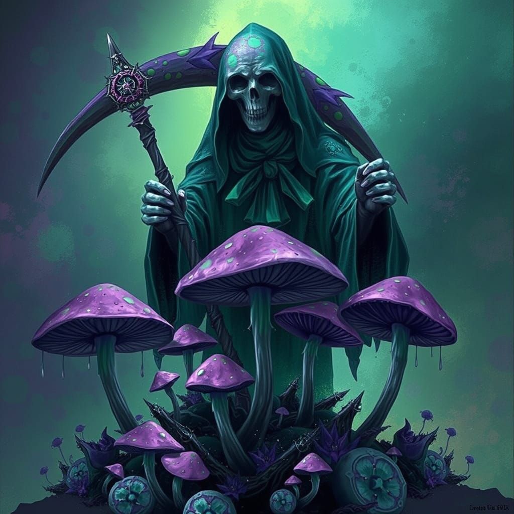 Grim Reaper Surrounded by Psychedelic Mushrooms in... - AI Art