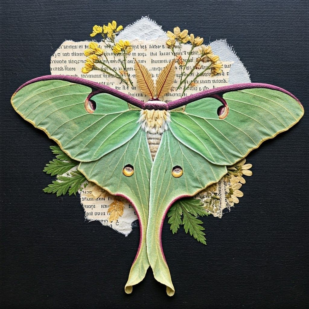 Beautiful luna moth mixed media collage