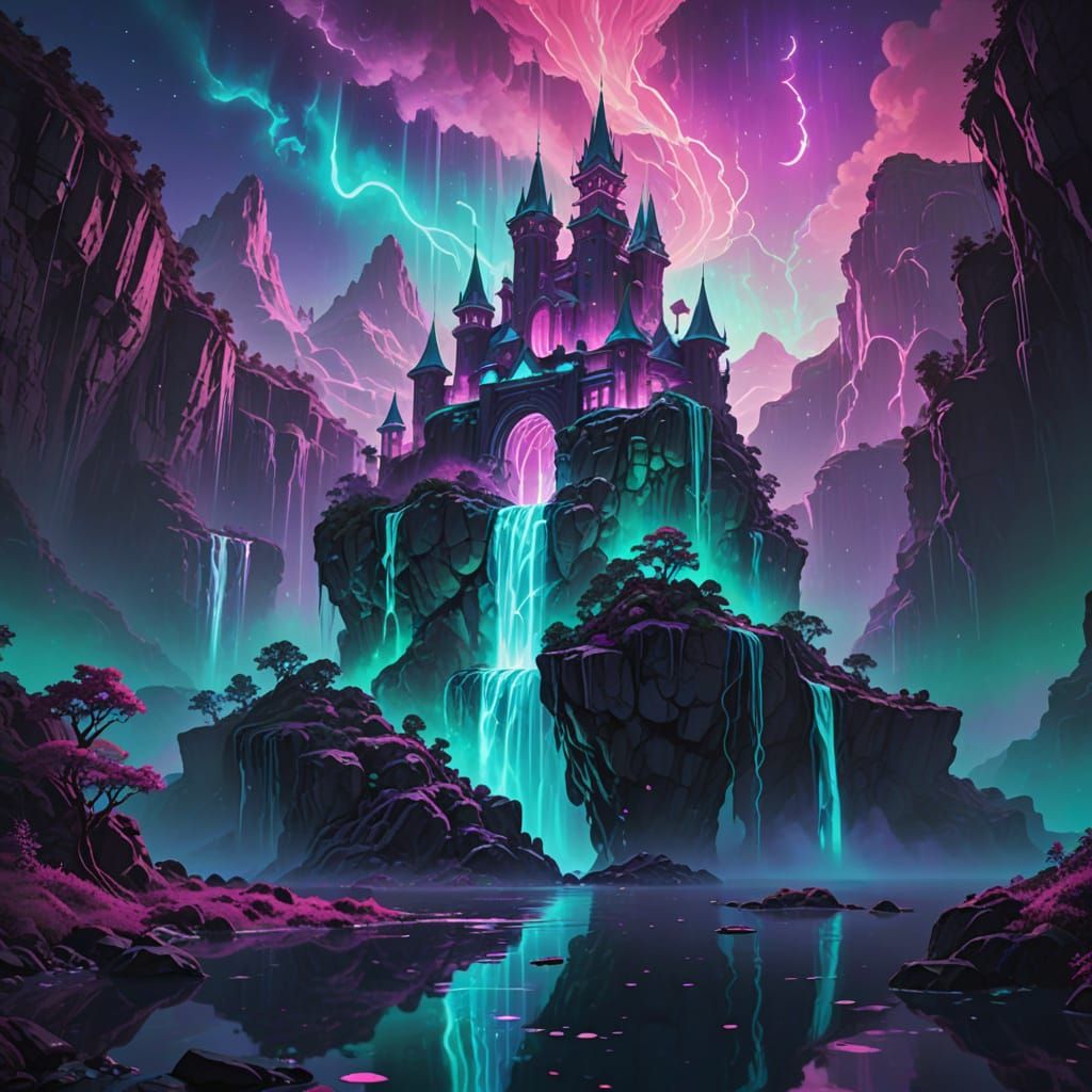 A towering, fantastical citadel carved into a floating cliff of ...