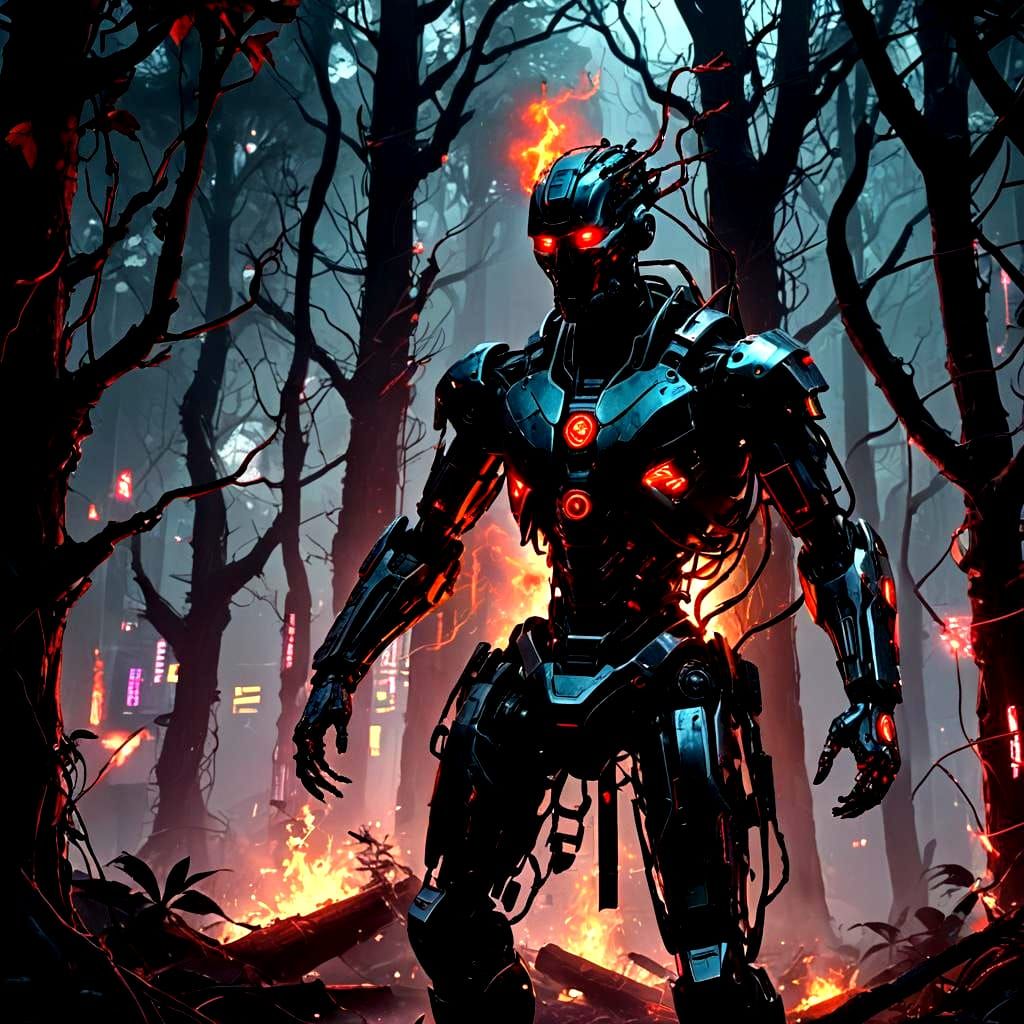 The image depicts a metallic robot with glowing red eyes standing in a ...