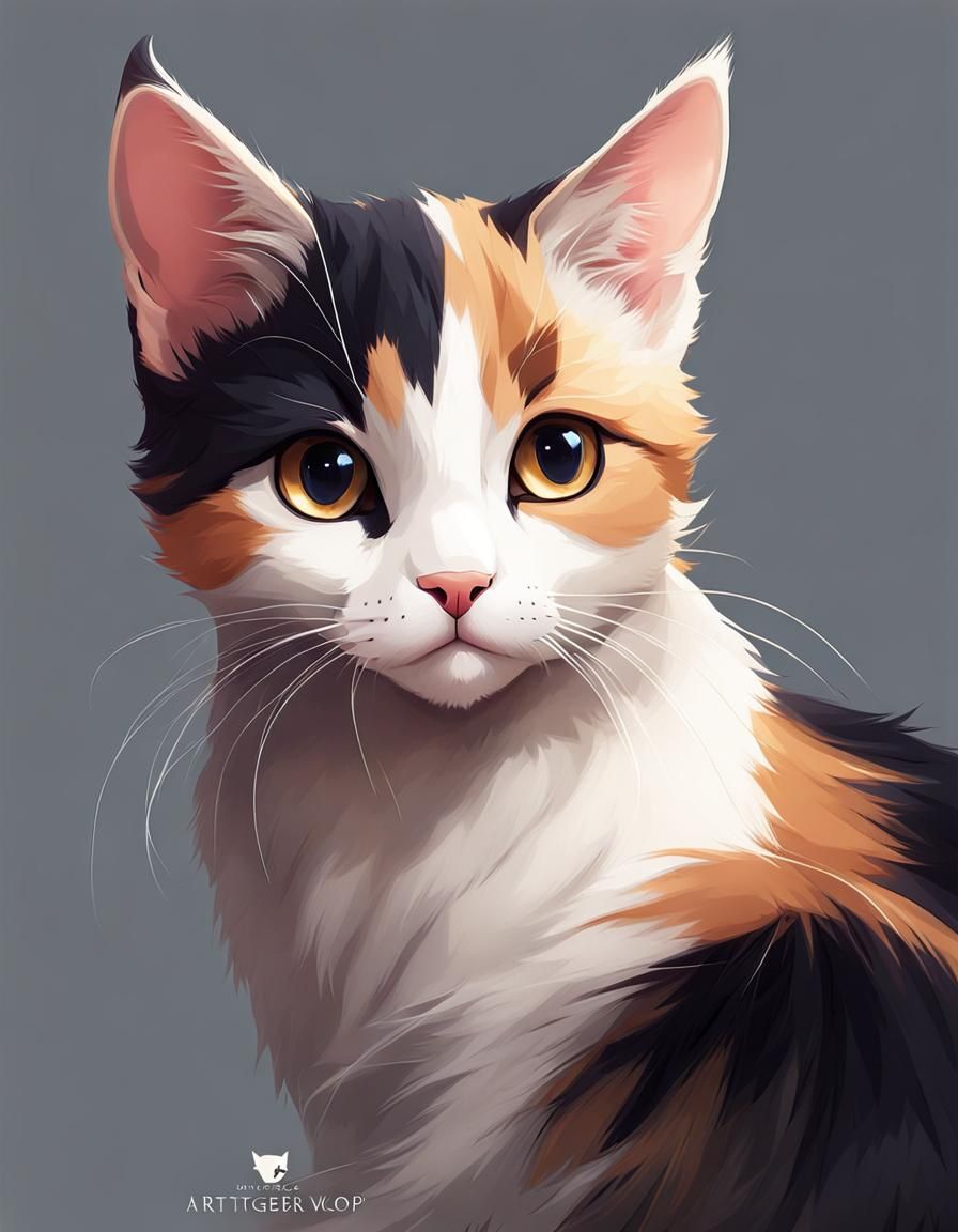 Digital art style of, Artgerm, WLOP; short hair Calico cats; cute, adorable, - AI Generated ...