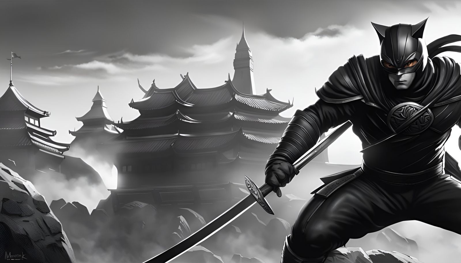 Comic book hero , ninja cat, black and white line work, classic , epic ...