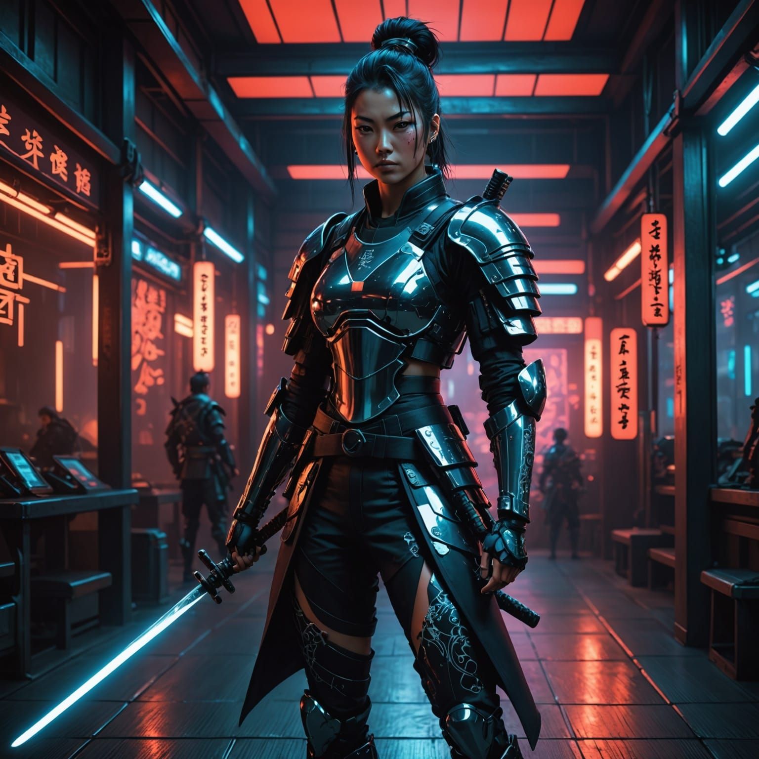 Cyberpunk Samurai Goddess in Neon Dojo, Inspired b... - AI Art