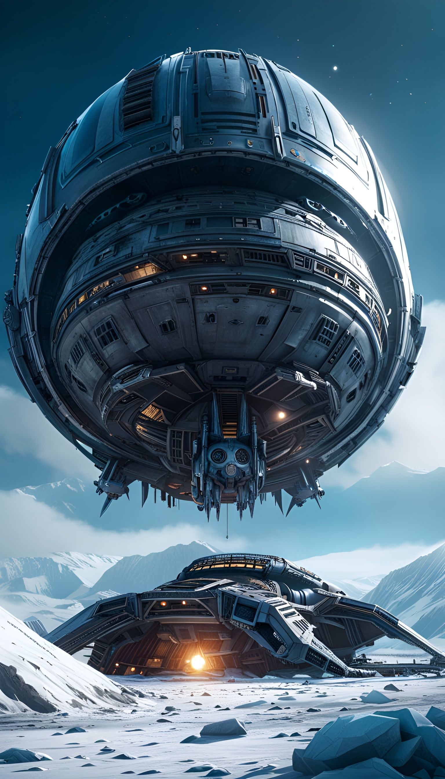 Derelict science fiction spaceship crashed on an icy alien moon ...
