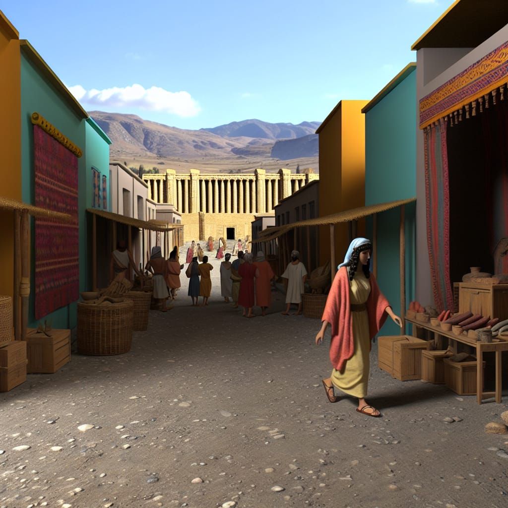 A Mediterranean Bronze Age city merchant street near the city citadel ...