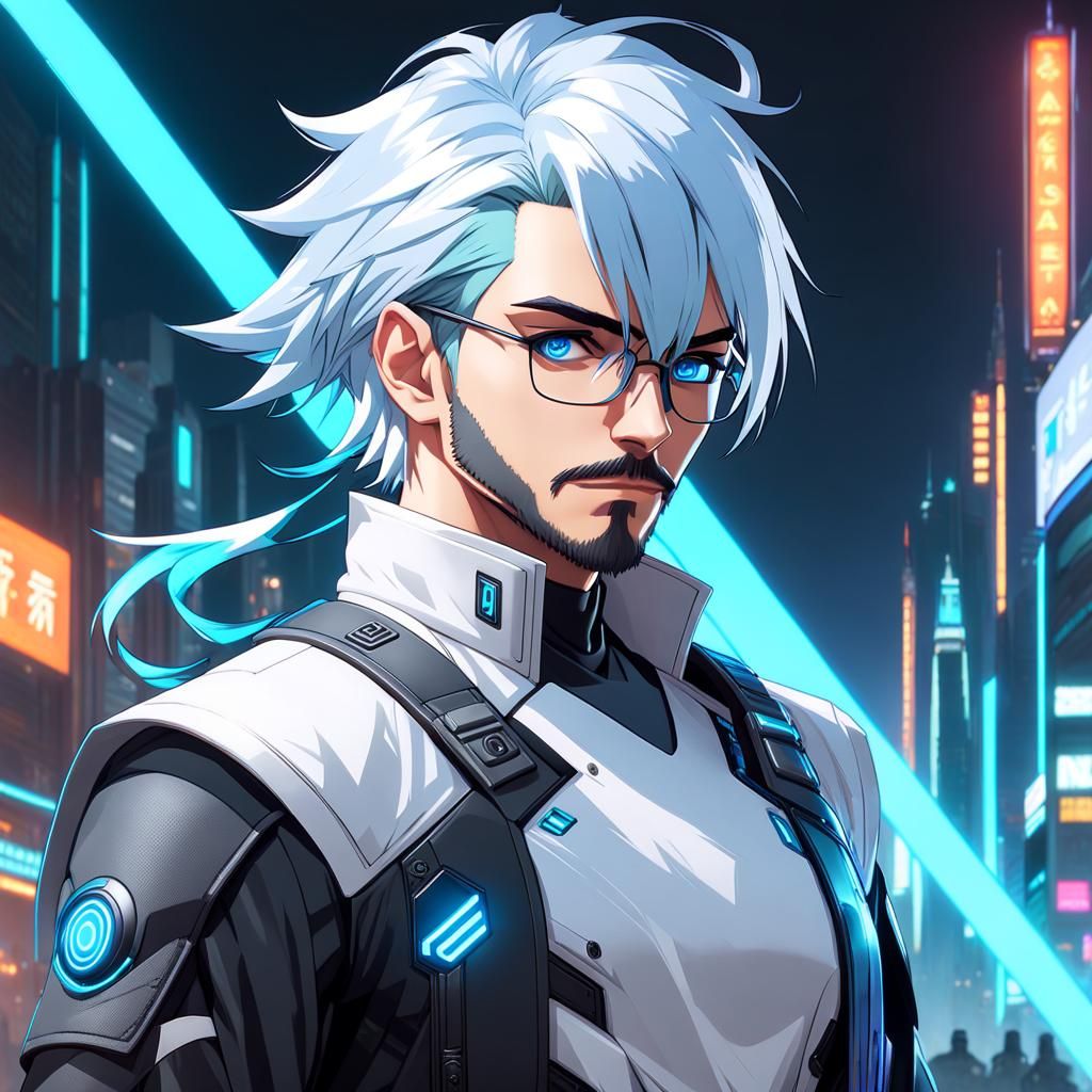 young male ninja with white and blue hair, cyberpunk aesthetic, cyber ...