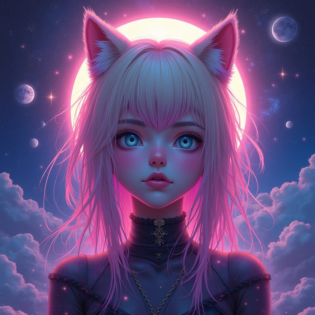 Moon,Stars,Sun,Neko,Blonde hair,Blue Eyes,Cat,emo,goth,woman,Ears,Space ...