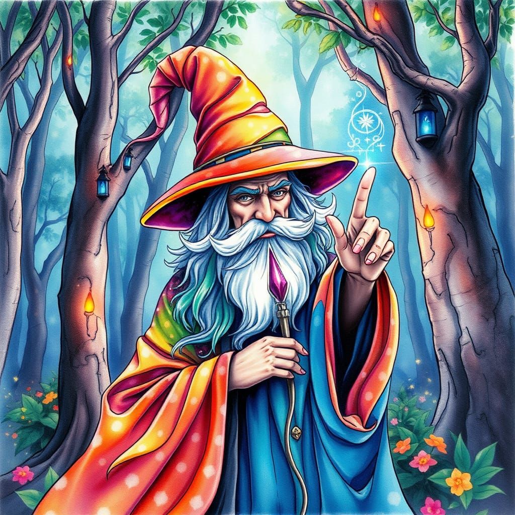 (Hyper detailed watercolor artwork of a mystical beautiful wizard with ...