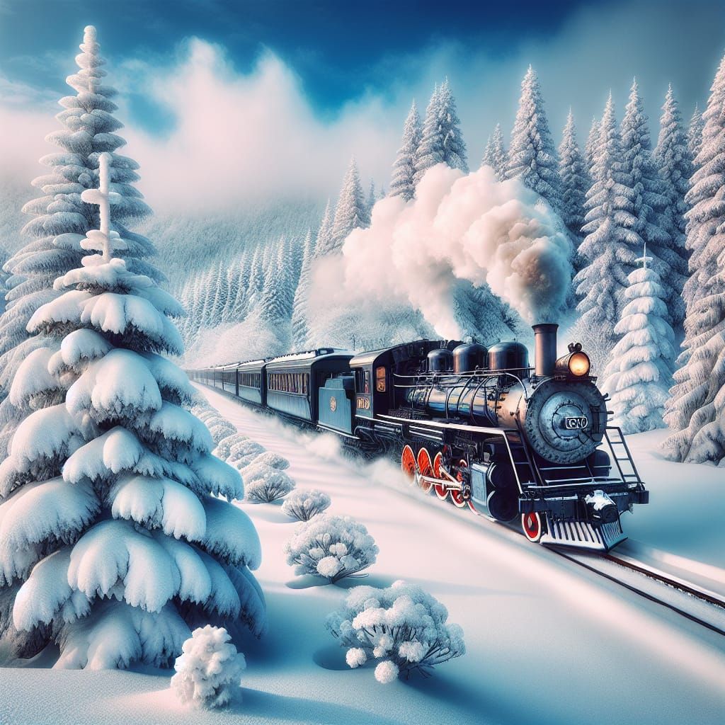 Victorian Era Steam Train Chugs Through Snowy Wint... - AI Art