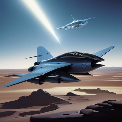 Sleek Silver Triangular Aircraft soars through Des... - AI Art