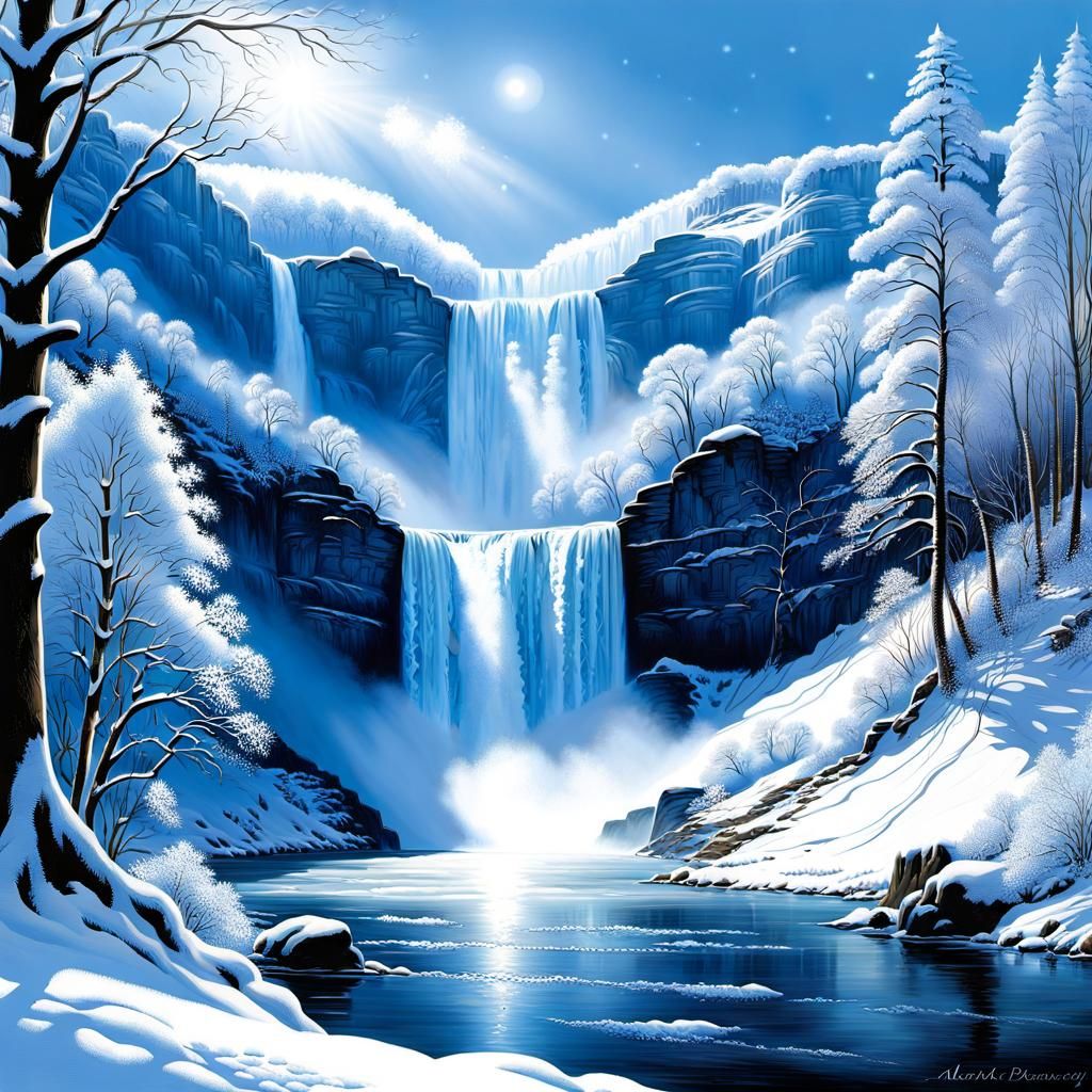 The Epic Waterfall. Winter Landscape - AI Generated Artwork - NightCafe ...