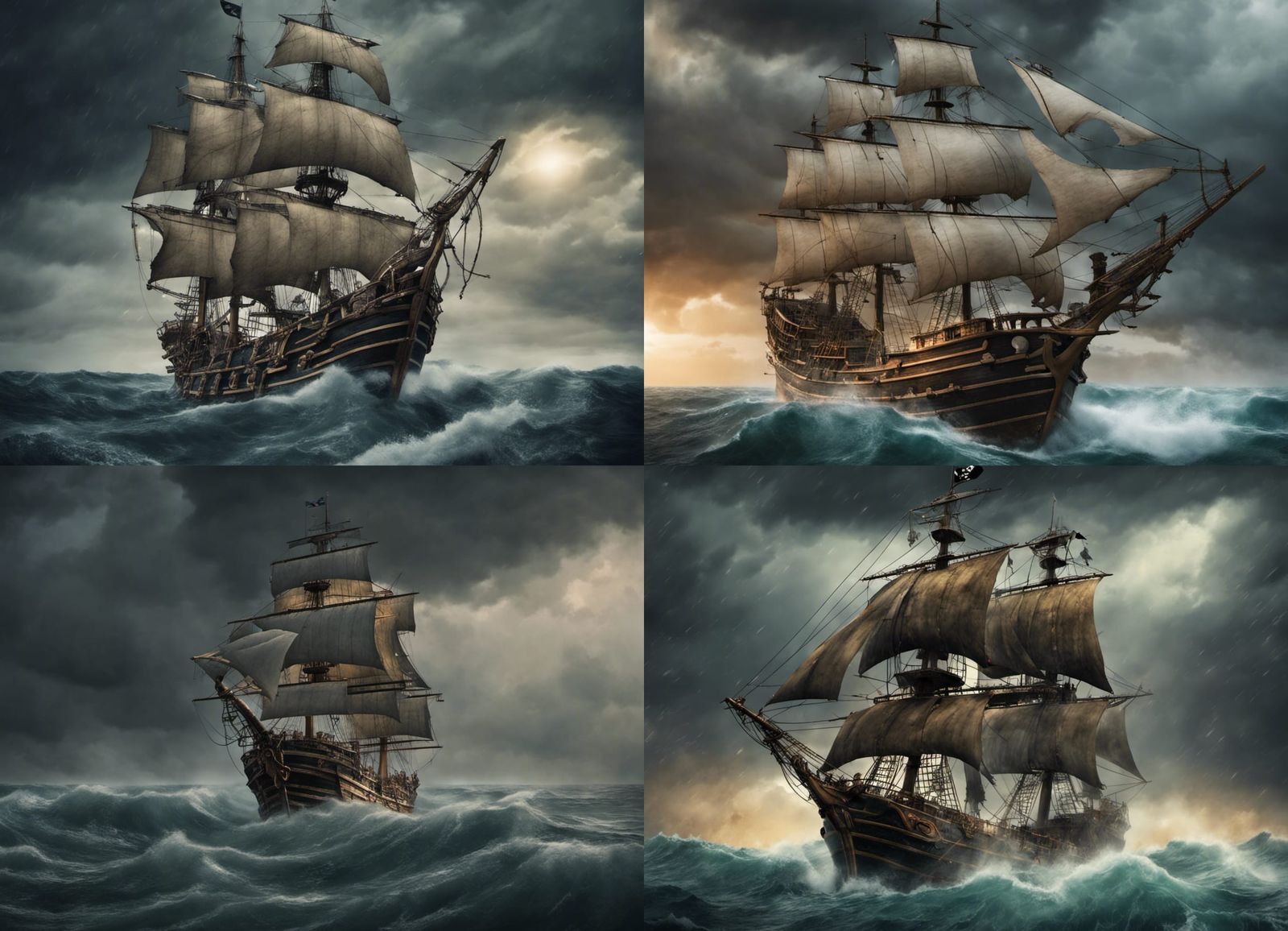 Pirate ship on stormy seas. Name written on side is "Snick's Sekurity ...