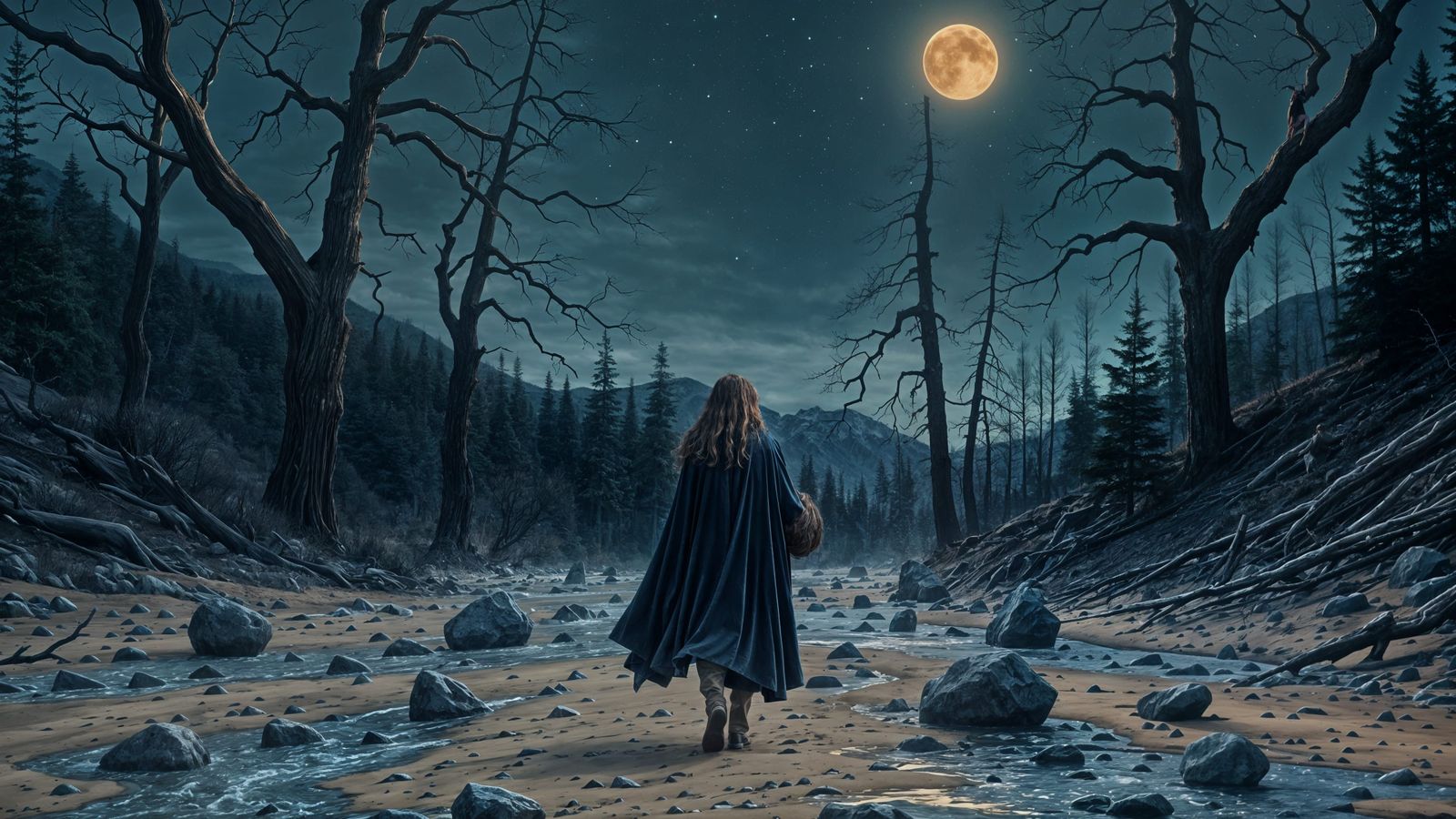 Mysterious Traveler Walks a Deserted Riverbed Unde... - AI Art