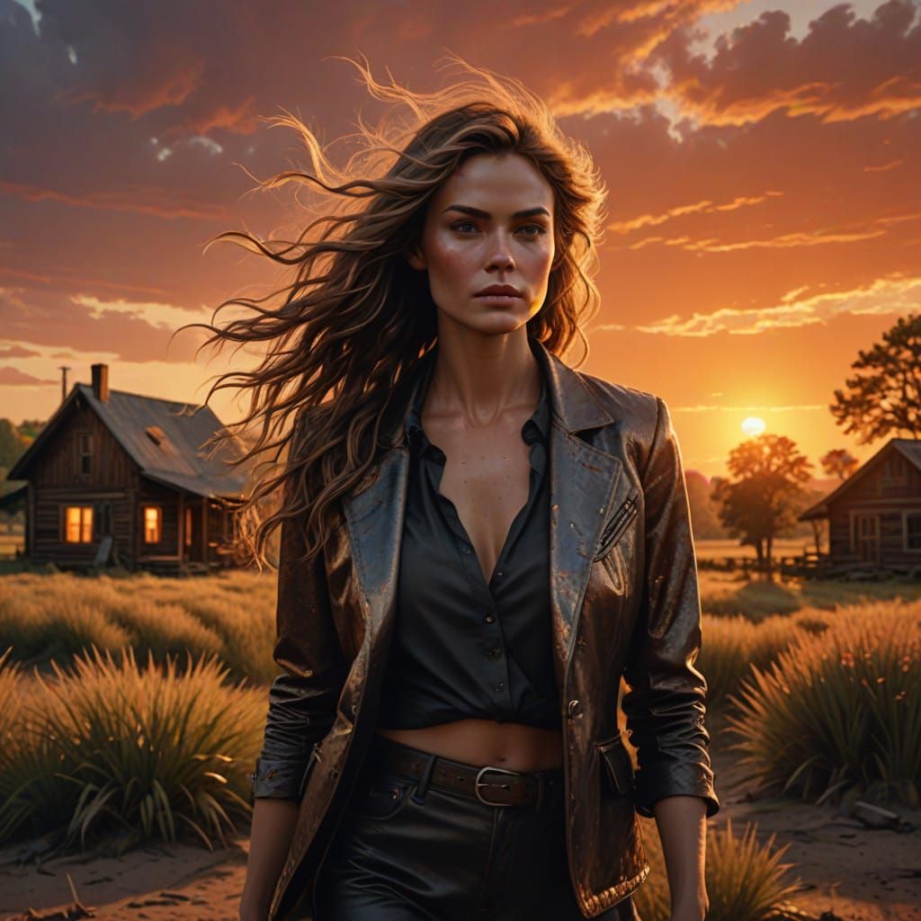 Elegant Midwest Goddess Basks in Sunset Radiance - AI Art