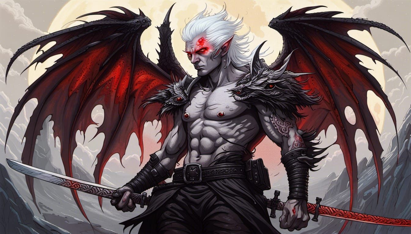 white-haired 25 year old tattooed half vampire half demon with daek ...