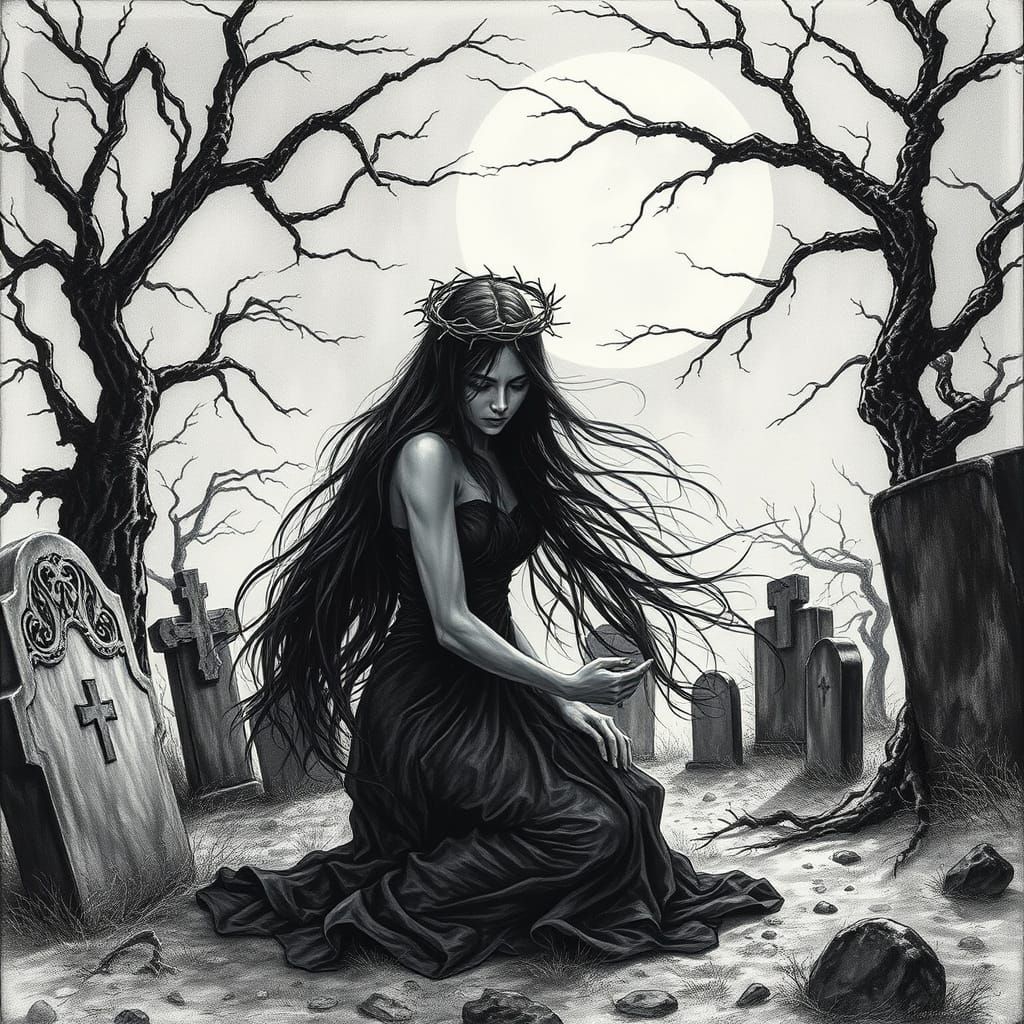 A spectral woman with long, flowing black hair, adorned with a crown of ...