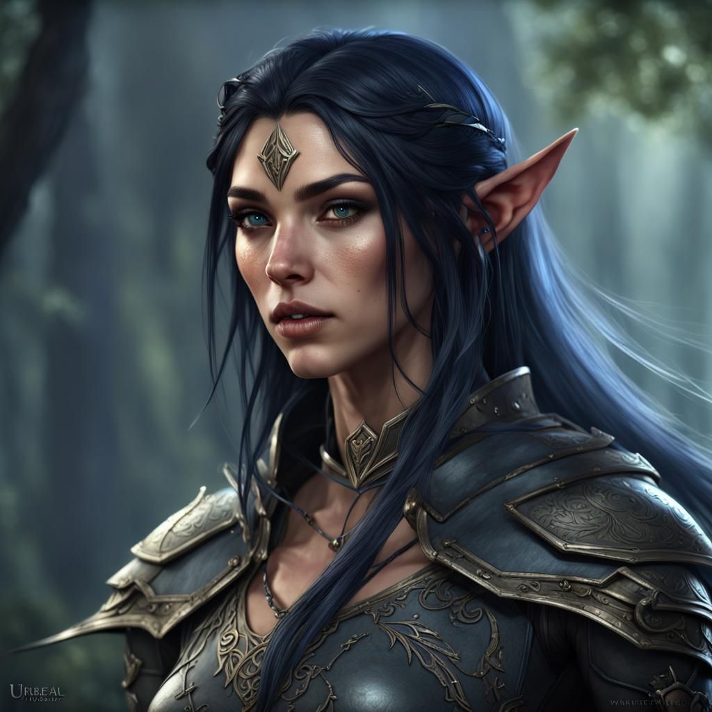 Female elven ranger. She is has blue-black hair. Make her eyes black ...