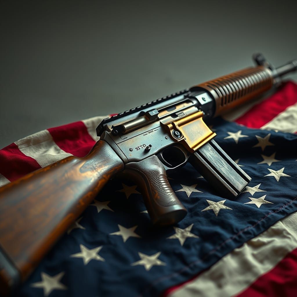 Weathered AR-15 Rifle on Folded American Flag in P... - AI Art
