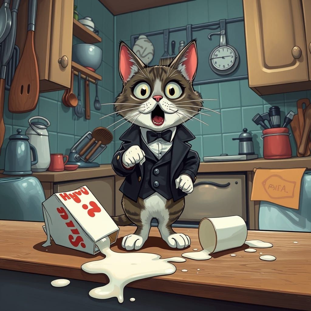 Comically Shocked Feline in Whimsical Kitchen Chao... - AI Art