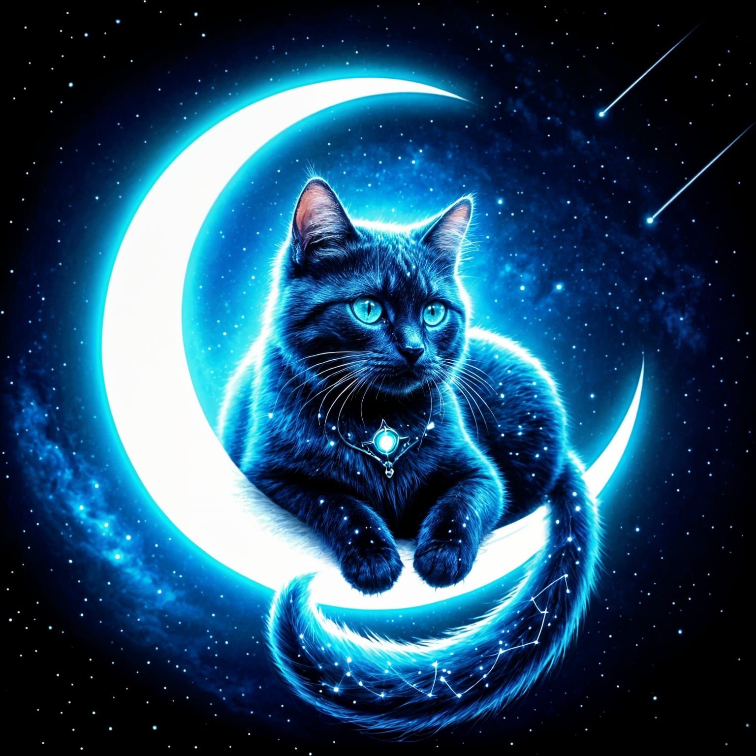 "A majestic black cat with glowing sapphire eyes, sitting on the edge ...