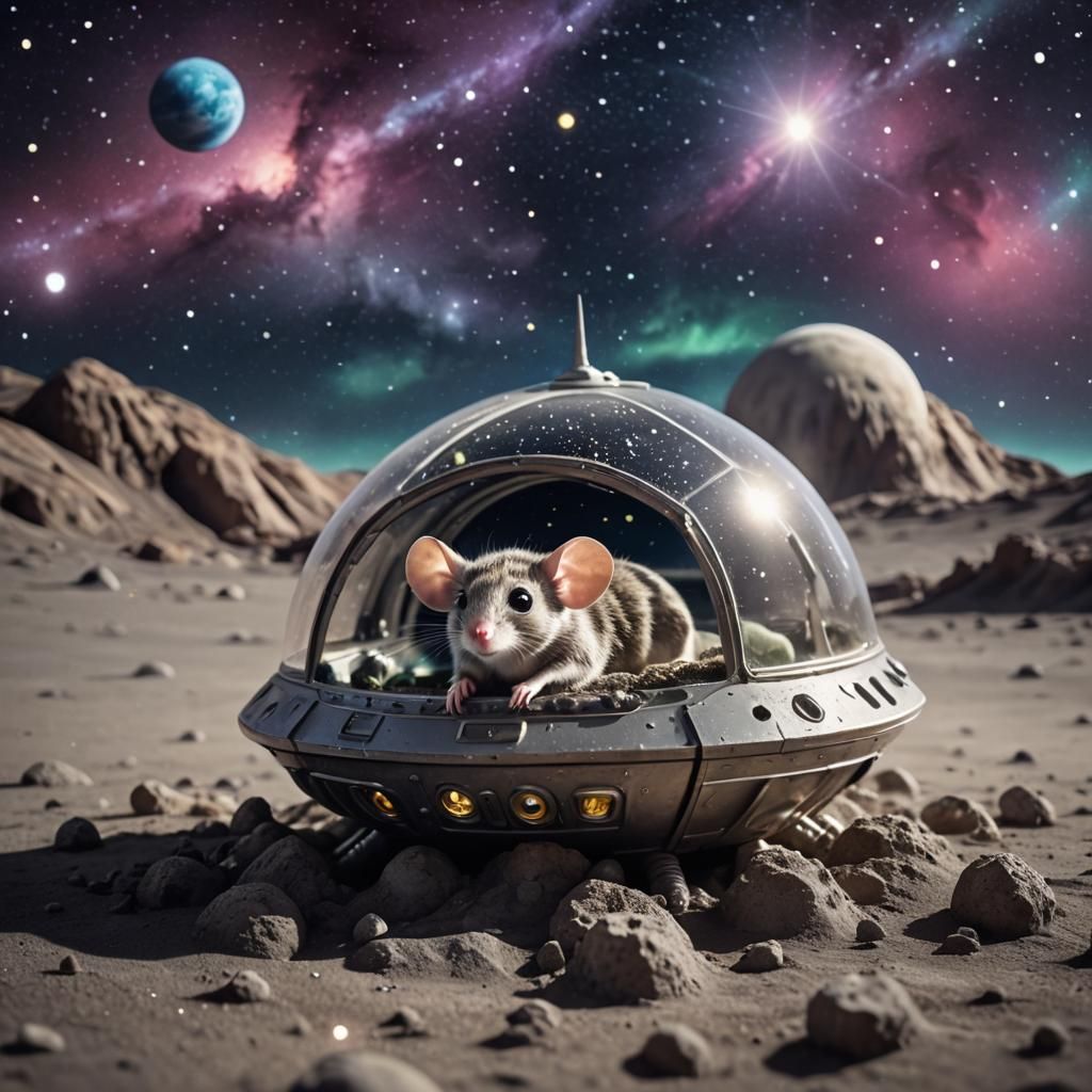 alien mouse in mini spaceship on the moon surface, starry night sky ...