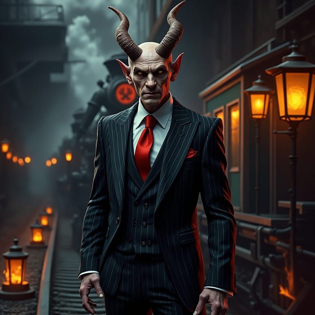 Natas - Confident Devil in Fiery Red Tie Stands on Train Pla...